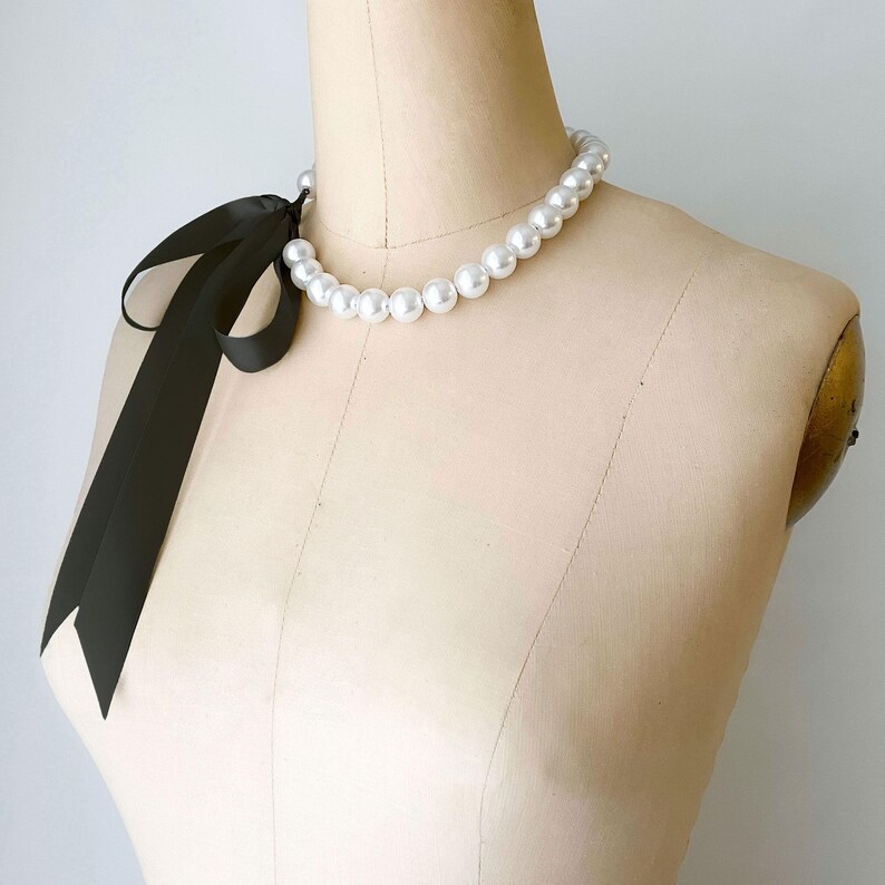 Chunky Pearl Ribbon Necklace • White Satin Ribbon Tie • White Pearls ...
