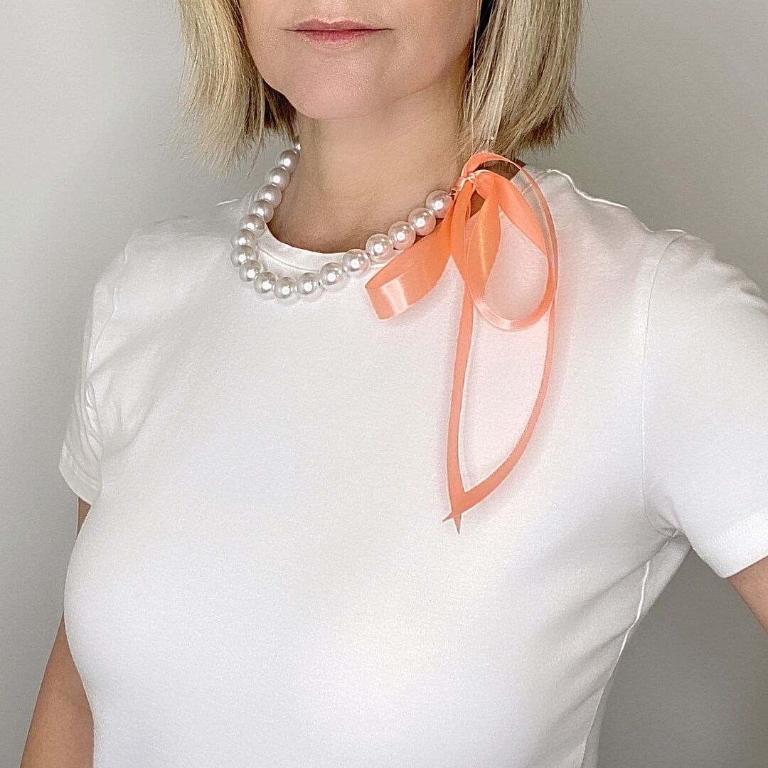 Coral Pearl Ribbon Necklace, Dark Peach Satin Ribbon Tie Pearl Necklace ...