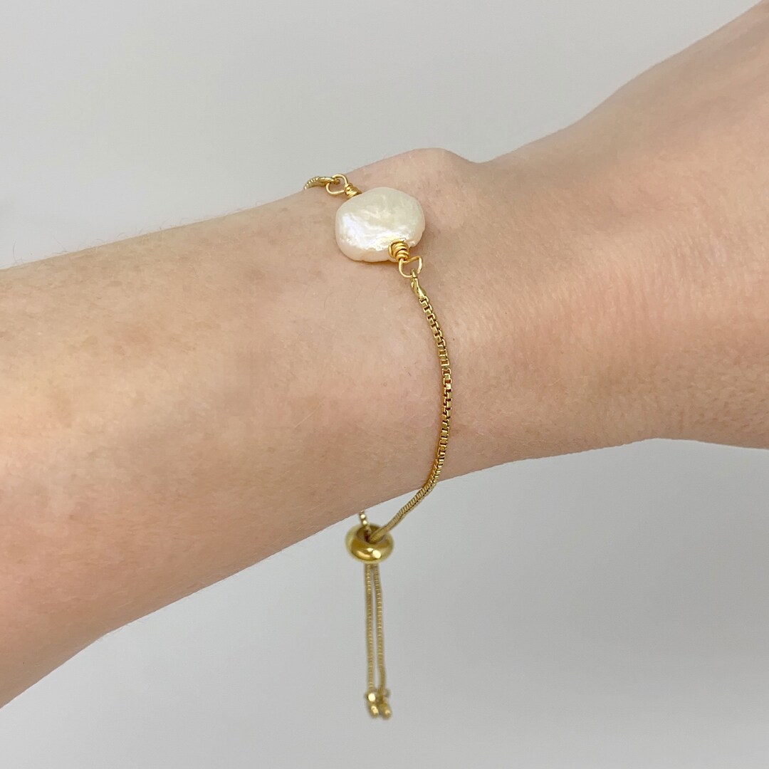 Gold Pearl Bolo Bracelet, Adjustable Dainty Baroque Keshi Freshwater ...