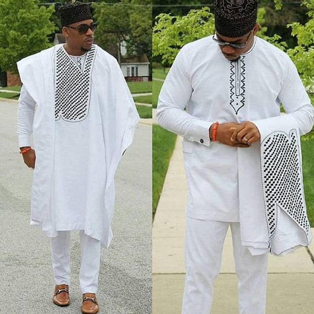 3 Pcs White and Black Agbada for Men, Men's Agbada, African Agbada ...