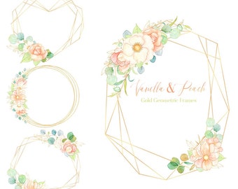 Gold Geometric Frames Watercolor Clipart White Florals | Etsy