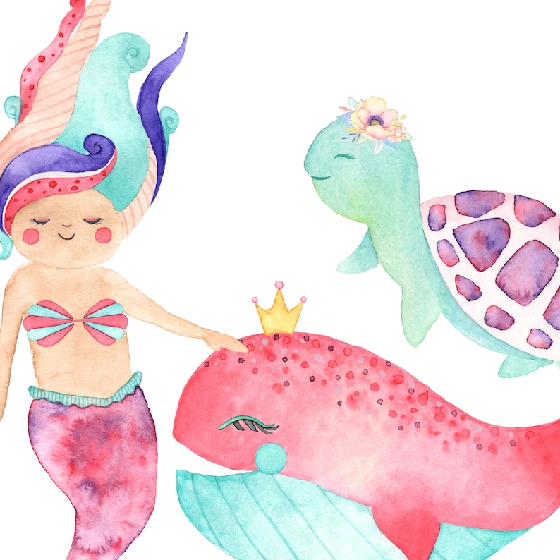 Mermaid Clipart Watercolor Clipart Whale Jellyfish Turtle - Etsy