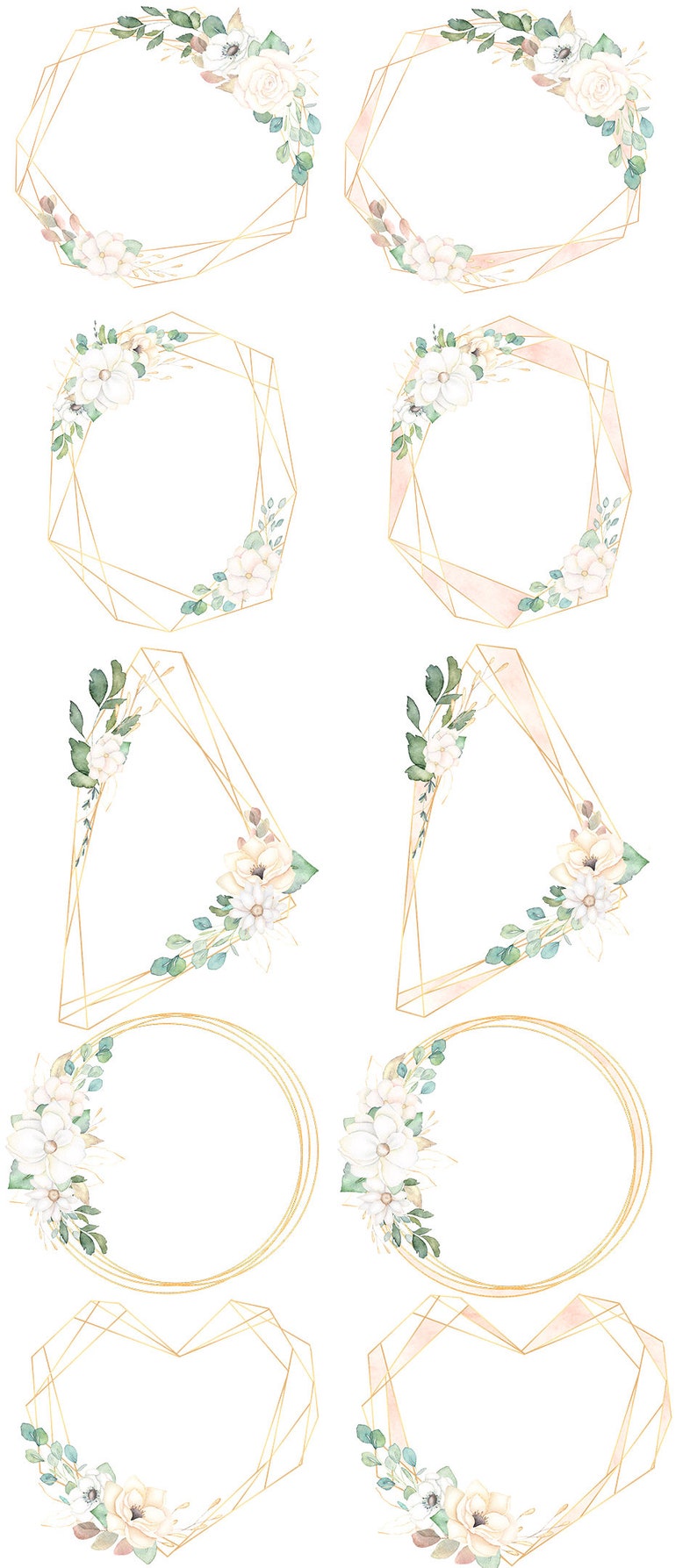 Gold Geometric Frames Watercolor Clipart White Florals - Etsy
