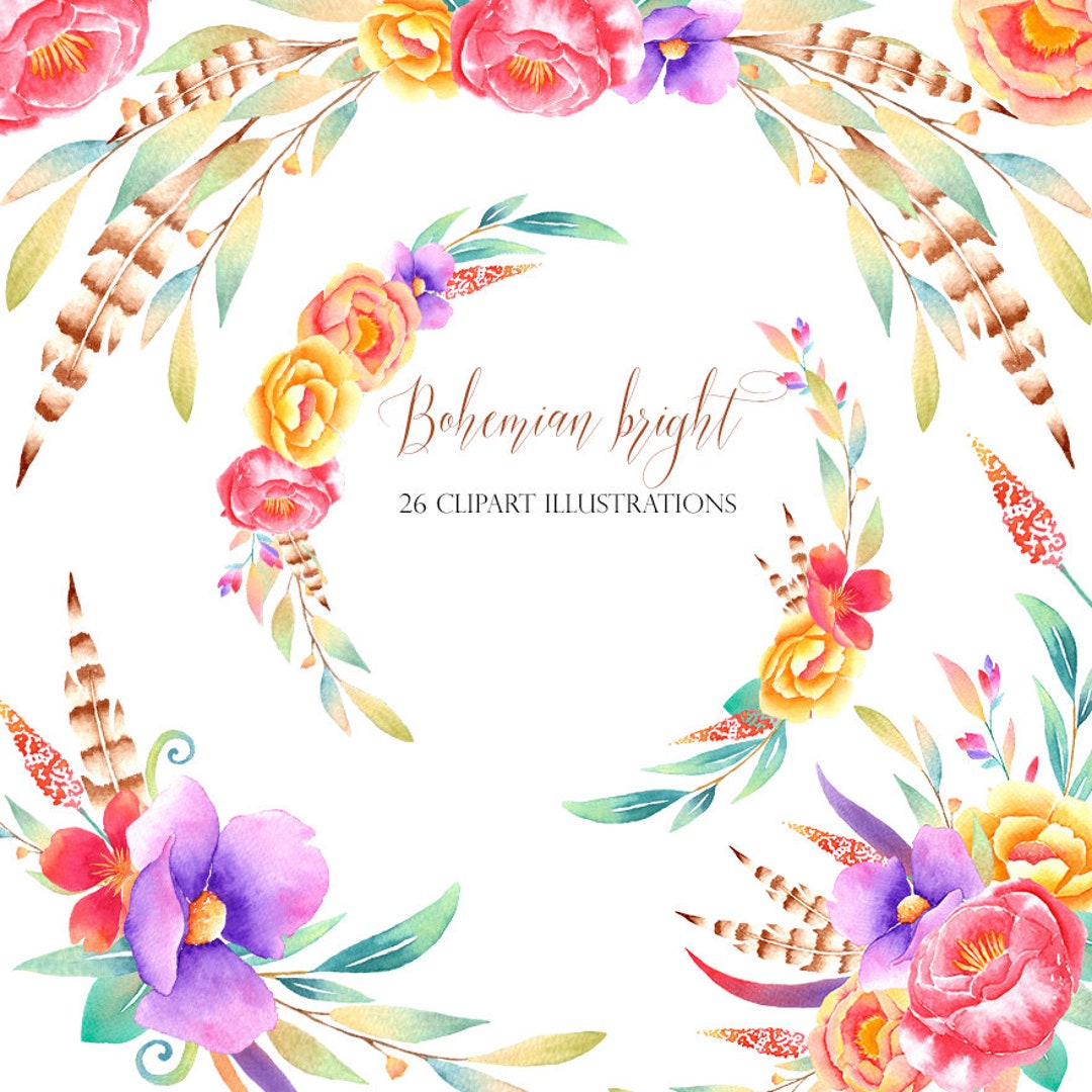 Boho Watercolor Florals, Flowers and Feathers, Boho Frames, Boho Chic ...