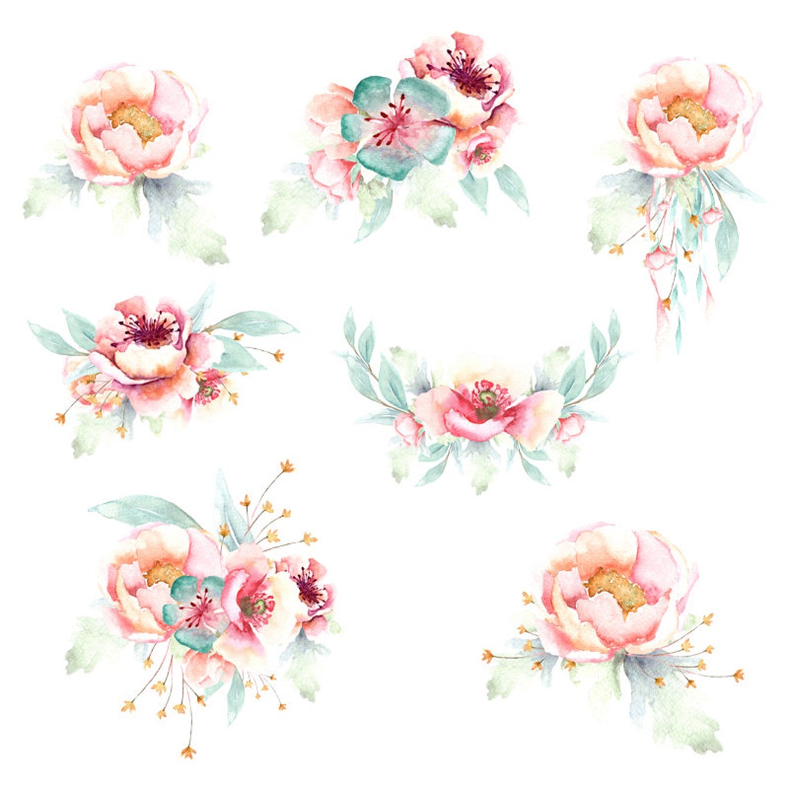 Wedding floral clipart soft pink peonies watercolor wild | Etsy