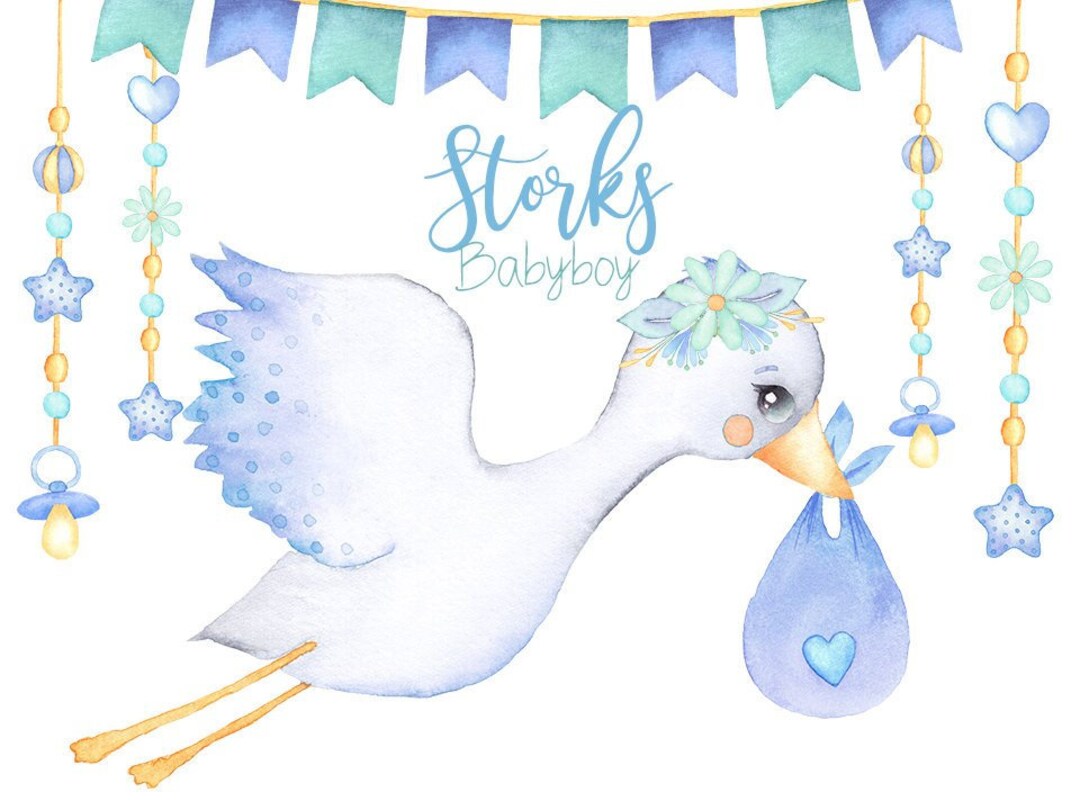 Watercolor Clipart, Babyshower Graphics, Its A Boy, Stork Clipart, Hand ...