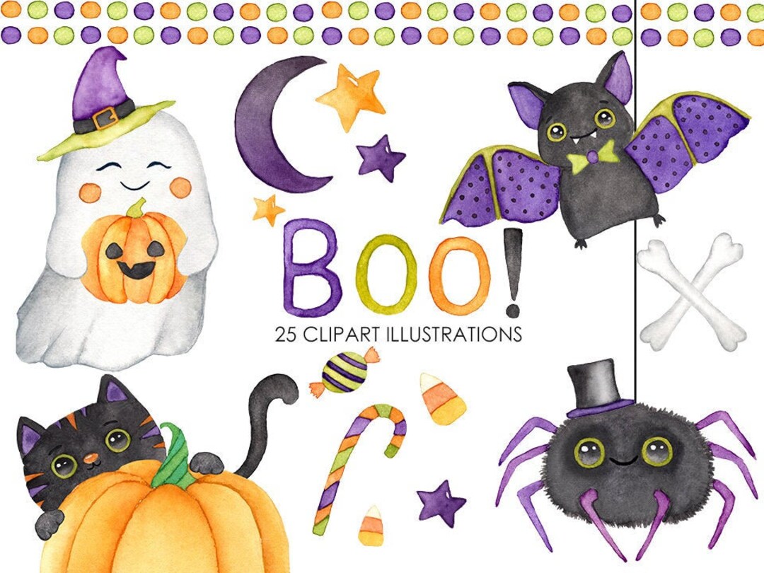 Cute Halloween Clipart, Ghost Clipart, Monster Clipart, Watercolor ...