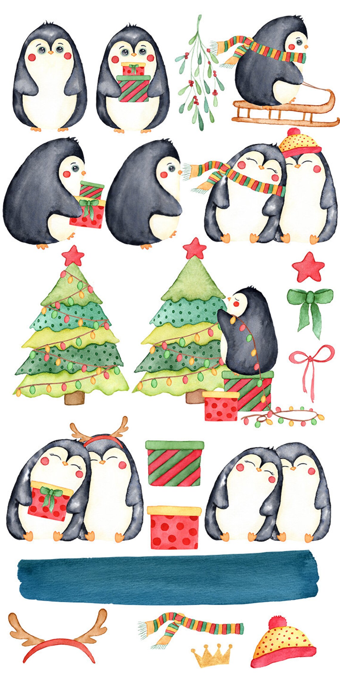 Christmas Clipart Watercolor Penguin Cute Christmas Clipart - Etsy