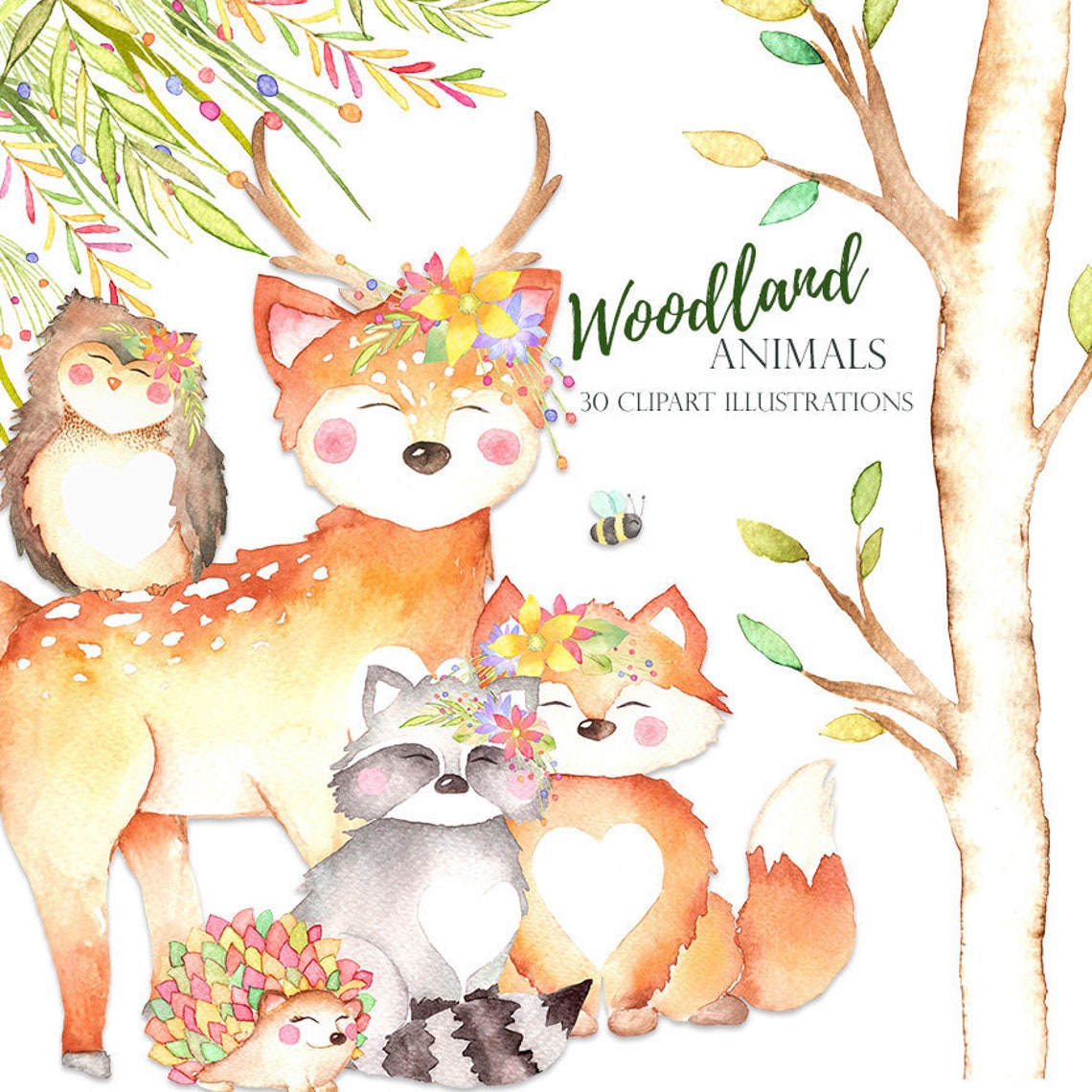 Watercolor Woodland Clipart Forest Animals Illustration - Etsy