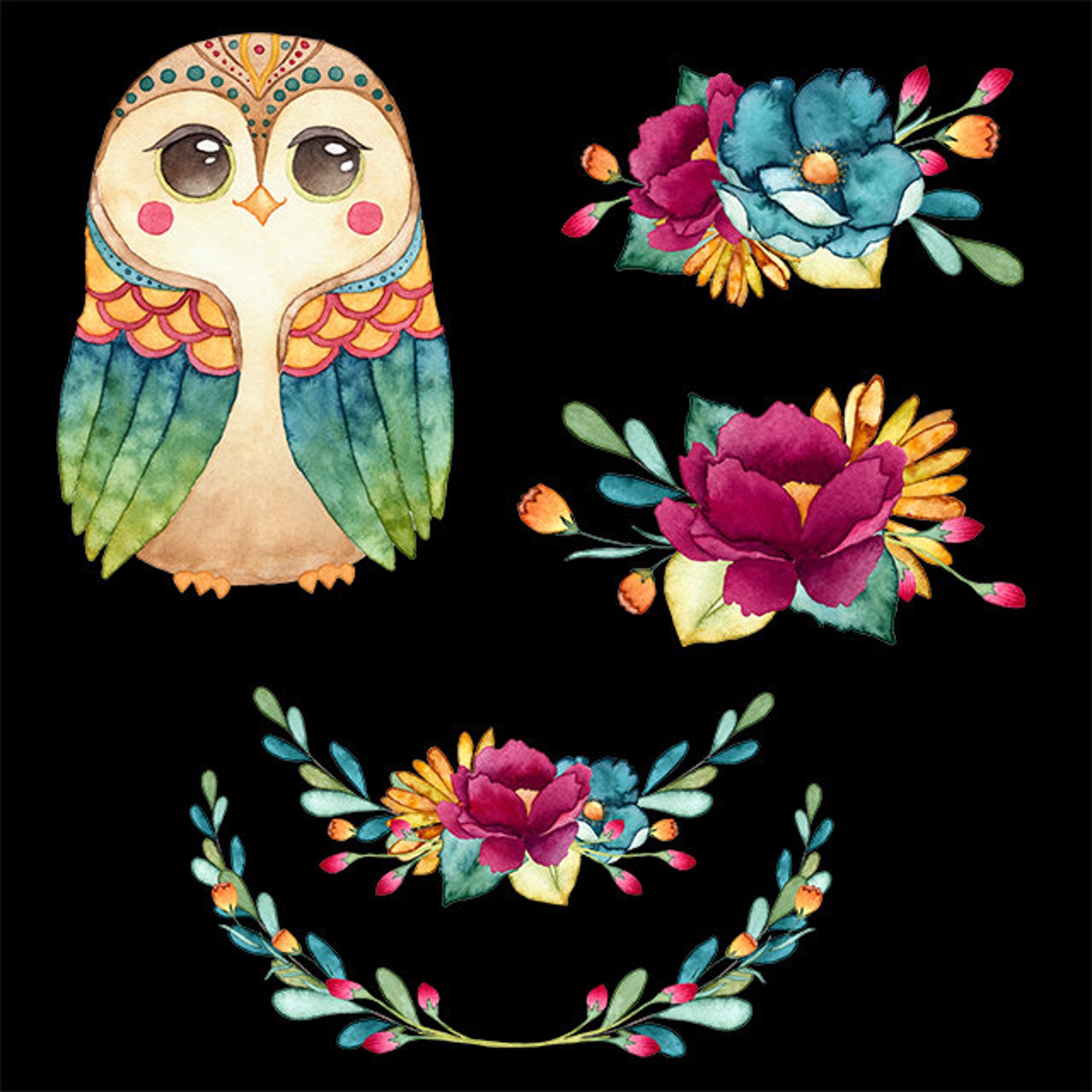 Owl Clipart Woodland Animals Boho Clipart Watercolor - Etsy