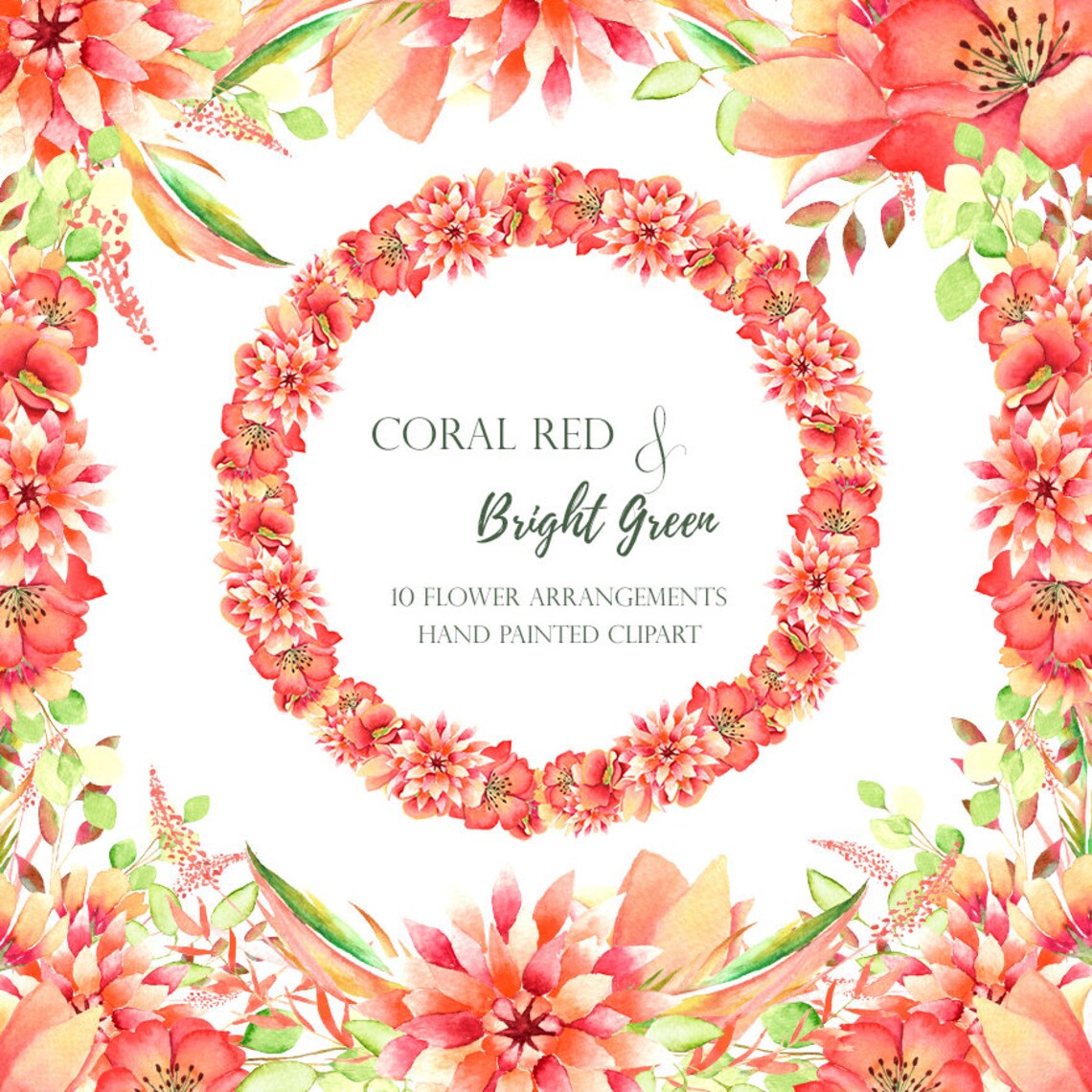 Coral red florals watercolor clipart dalia clipart summer | Etsy