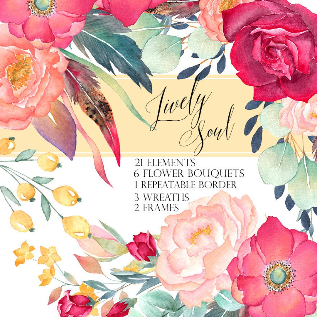 Watercolor Clipart, Pink Peonies, Rose Clipart, Instant Download, Boho ...