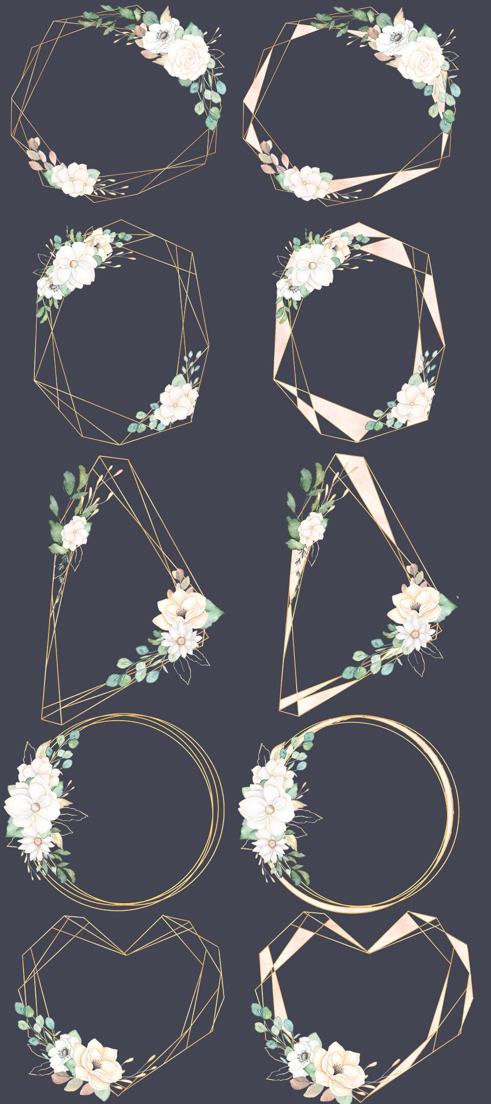 Gold Geometric Frames Watercolor Clipart White Florals - Etsy