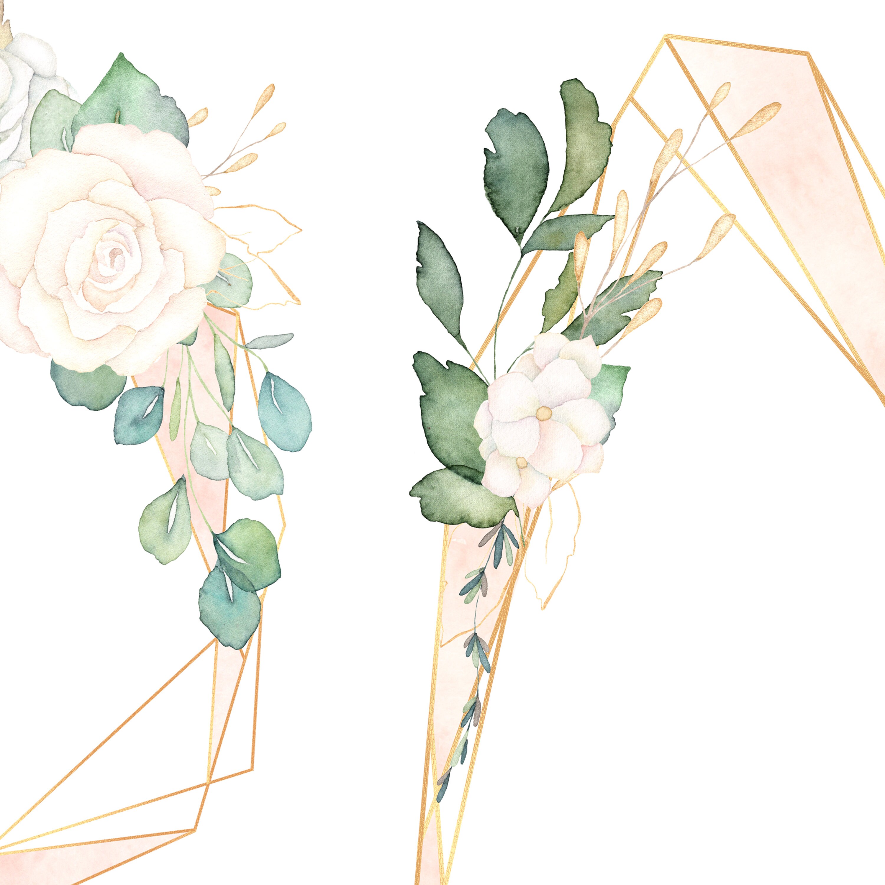 Gold Geometric Frames Watercolor Clipart White Florals - Etsy