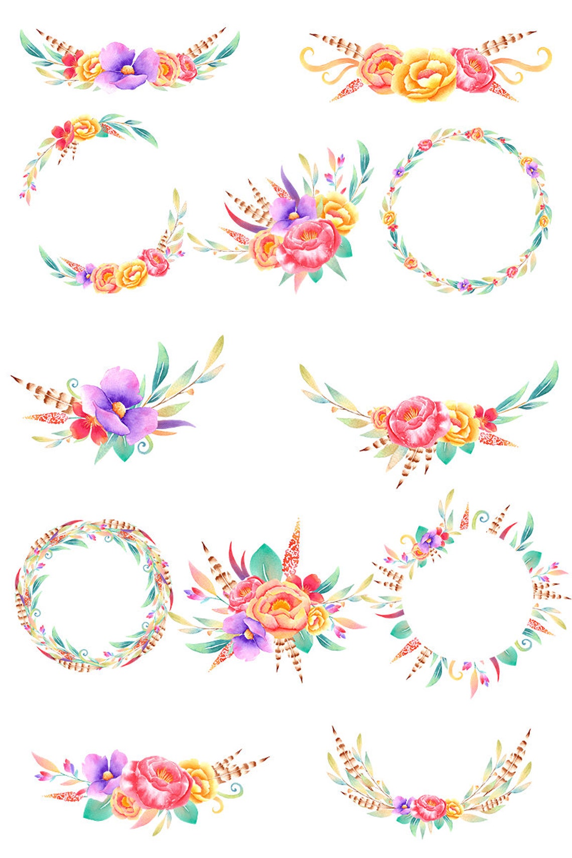 Boho Watercolor Florals Flowers and Feathers Boho Frames - Etsy