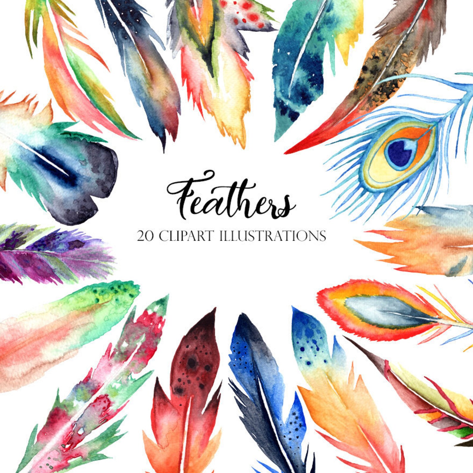 Watercolor Boho Feather Clipart Aquarel Feather Clipart Hand - Etsy