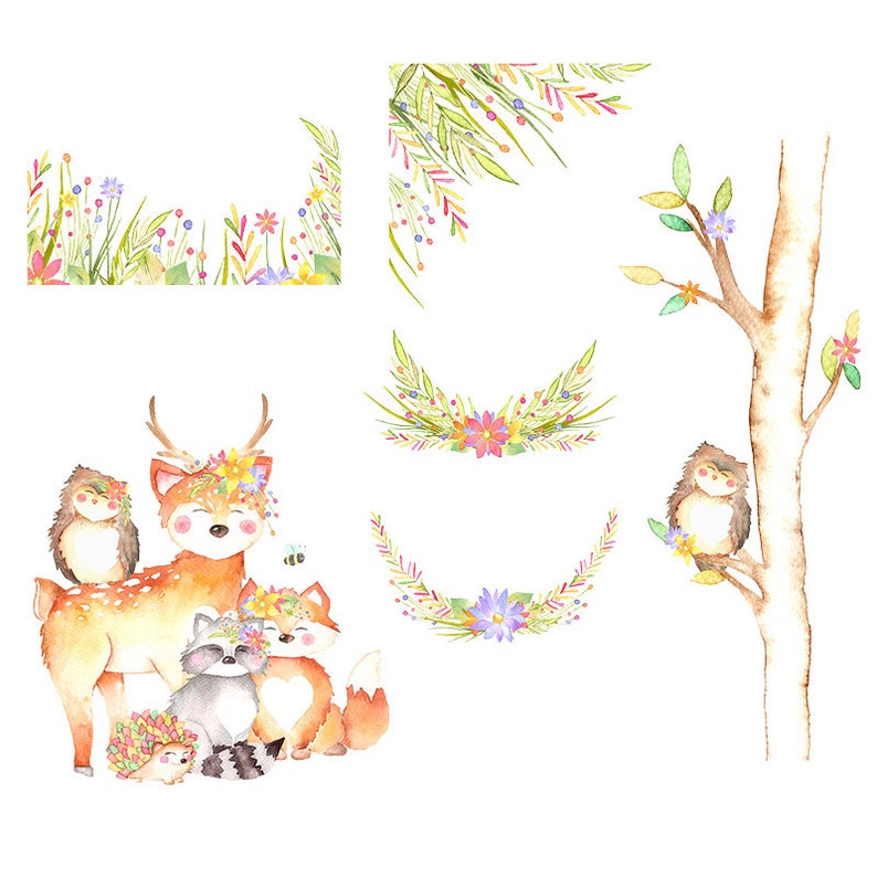 Watercolor Woodland Clipart Forest Animals Illustration - Etsy