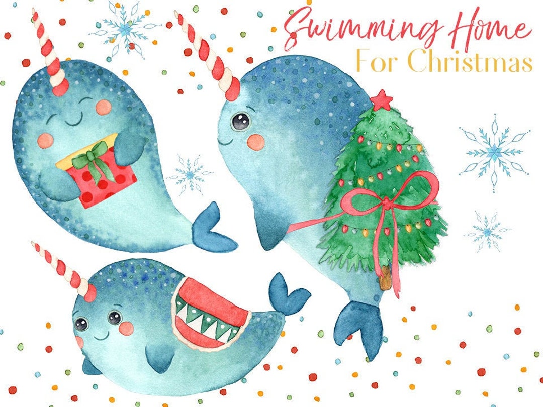 Christmas Animals Clipart, Arctic Animal Clipart, Watercolor Narwhal ...