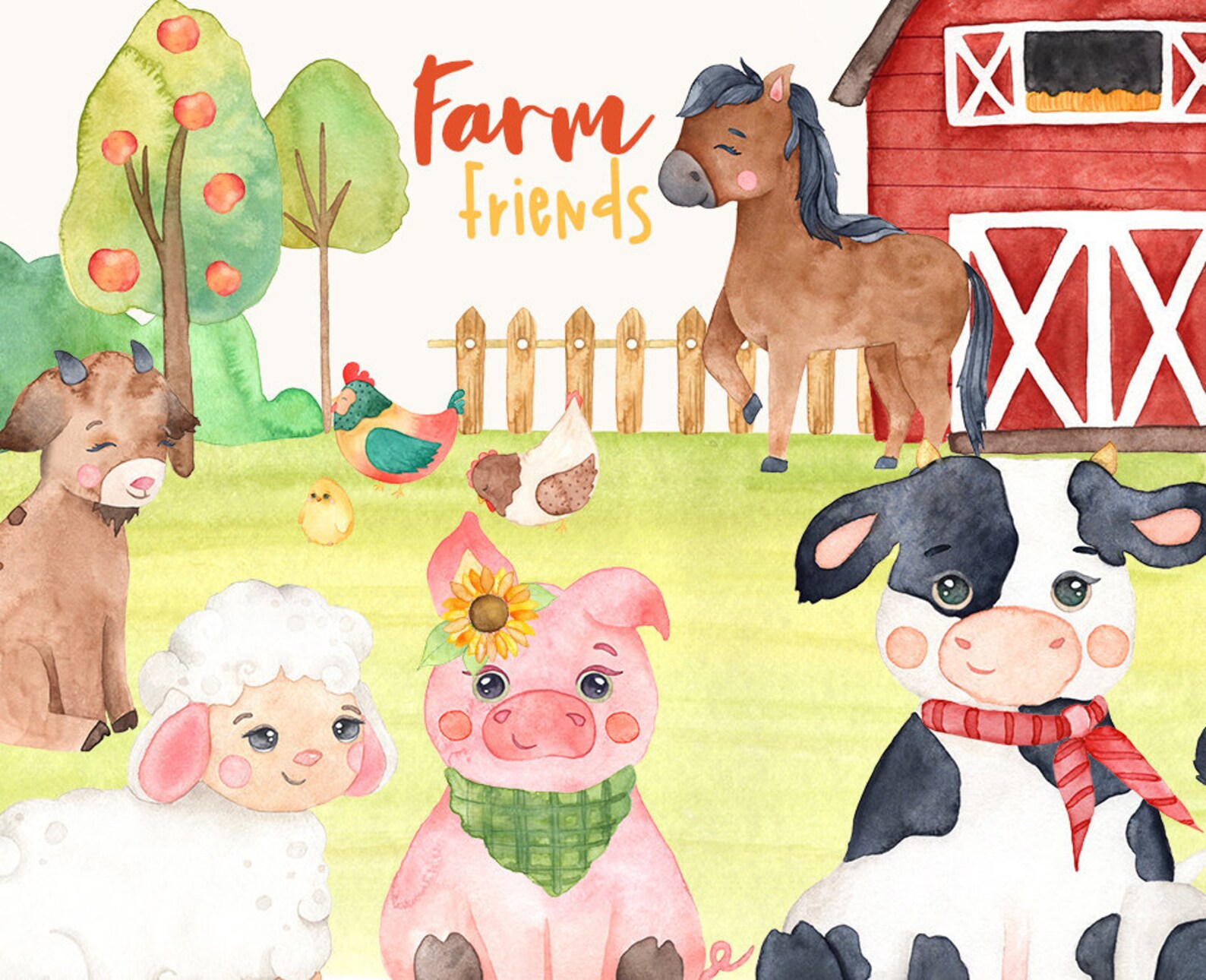 Farm Animals Watercolor Clipart Digital Download Printable | Etsy