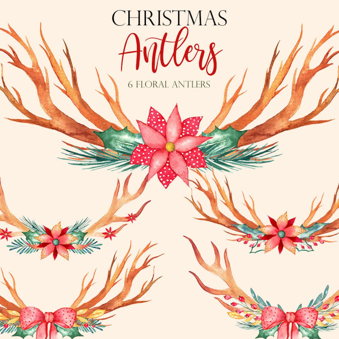 Watercolor Christmas Antlers, Christmas Antler, Floral Antlers ...