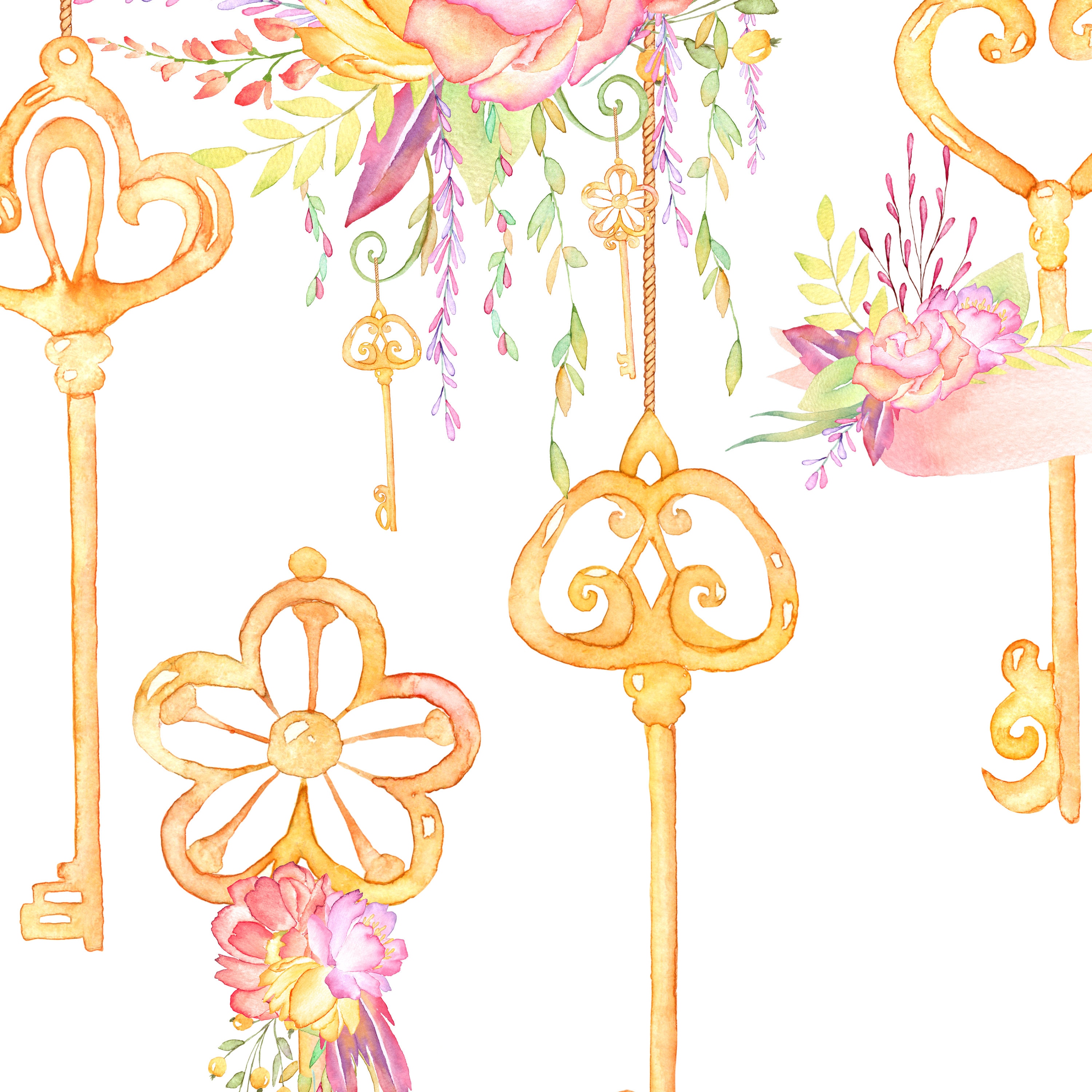 Watercolor keys keys and flowers clipart hand painted | Etsy