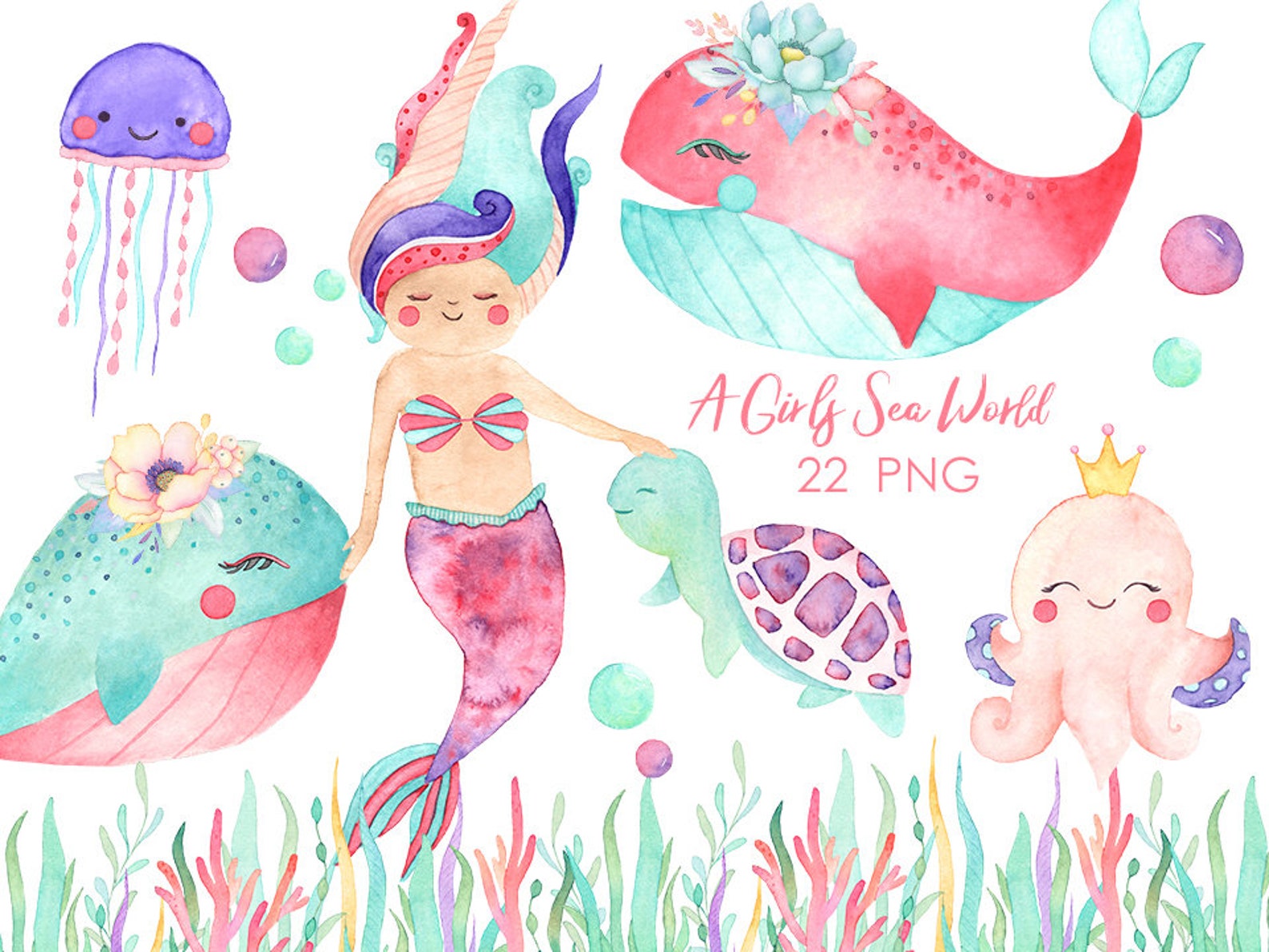 Mermaid Clipart Watercolor Clipart Whale Jellyfish Turtle - Etsy