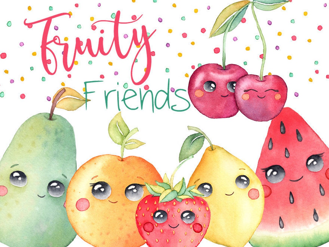 Watercolor Fruit Clipart, Kawaii Clipart, Cute Fruit Png, Funny Clipart ...