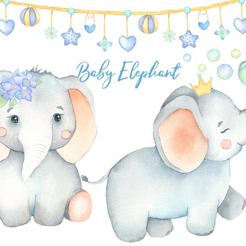 Watercolor Blue Baby Elephant Clipart Graphics Cute Baby Boy - Etsy