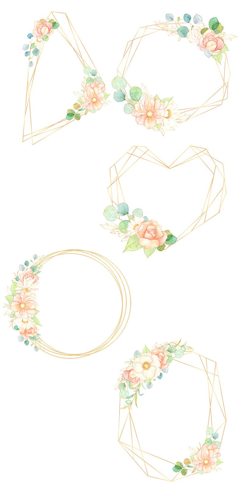 Gold Geometric Frames Watercolor Clipart Peach Florals | Etsy