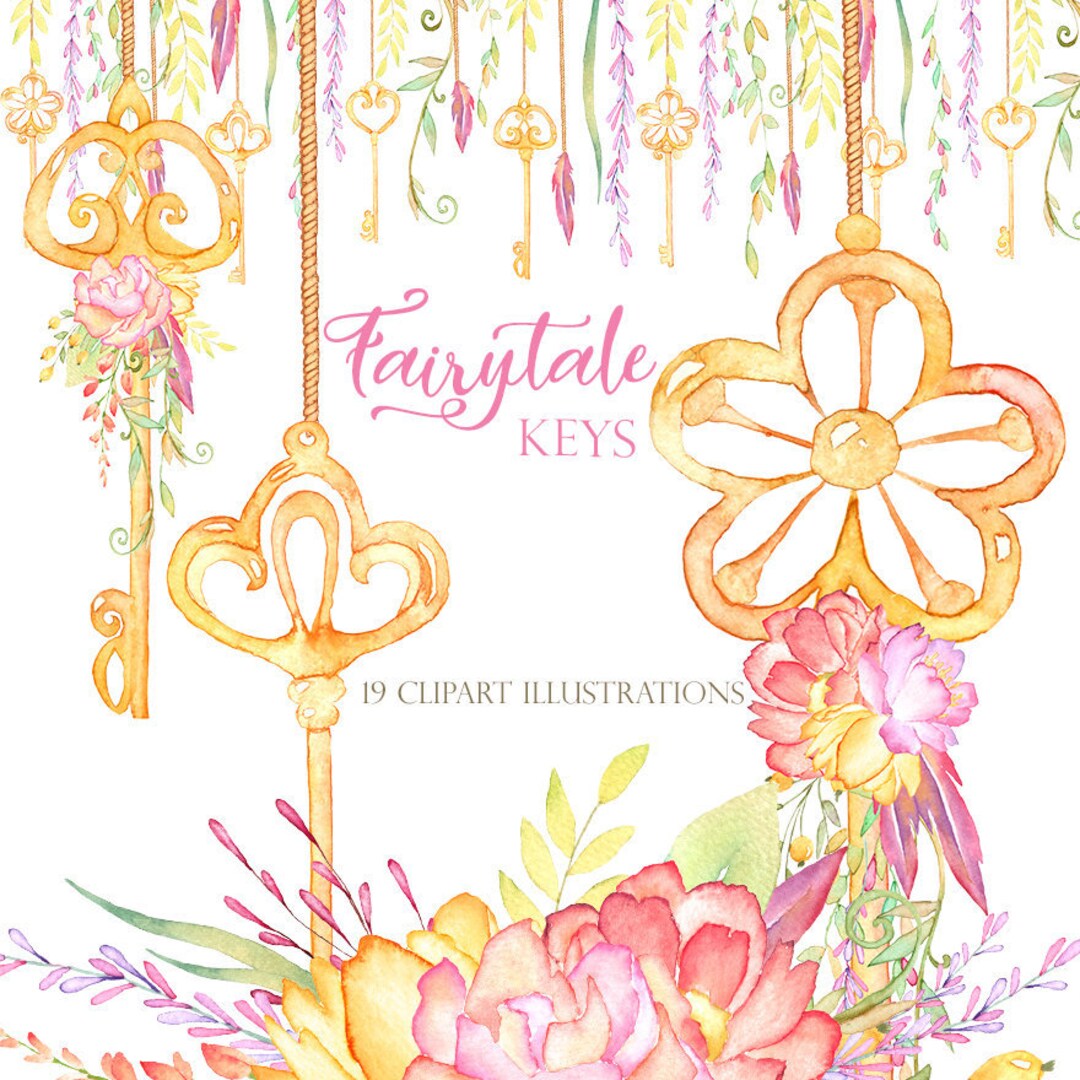 Watercolor Keys, Keys and Flowers Clipart, Hand Painted Flowers ...