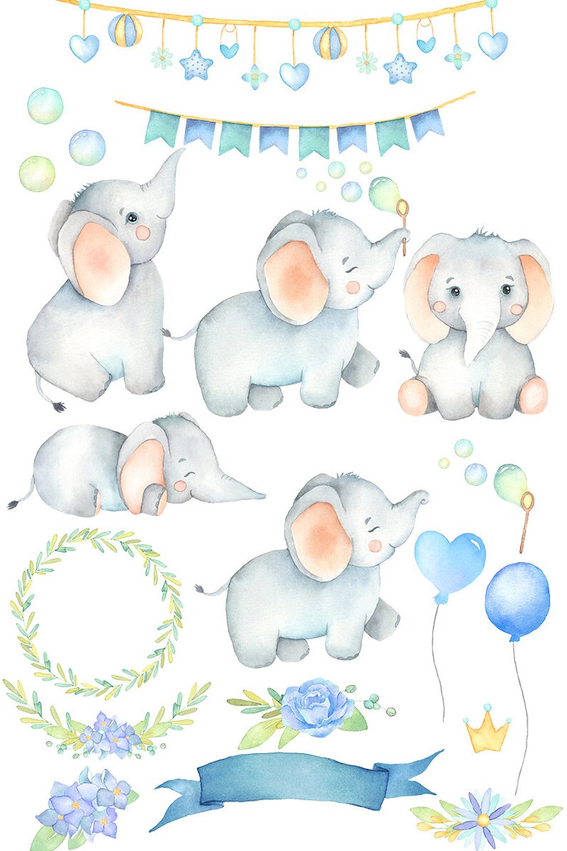 Blue Elephant Watercolor Clipart Baby Elephant Png Hand | Etsy