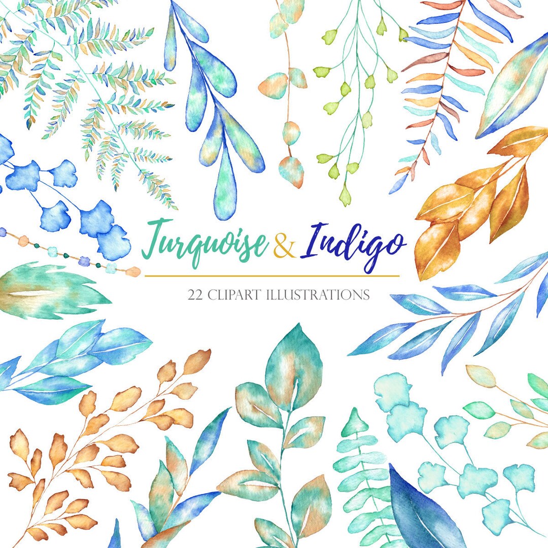 Turquoise Gold Clipart, Watercolor Leaves, Tifanny Blue, Navy Leaves ...