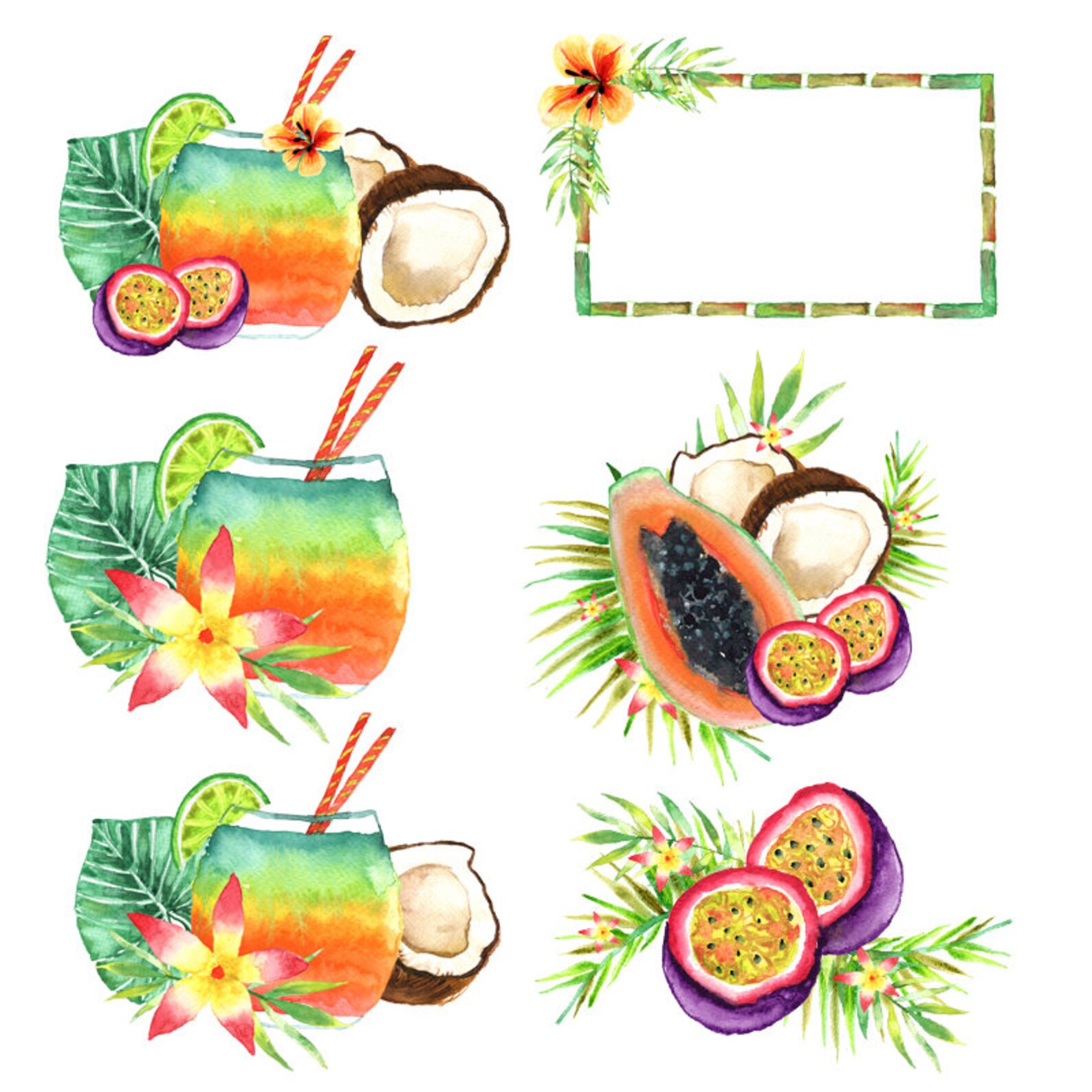 Tropical Party Clipart Watercolor Tropical Drawing Cocktail | Etsy