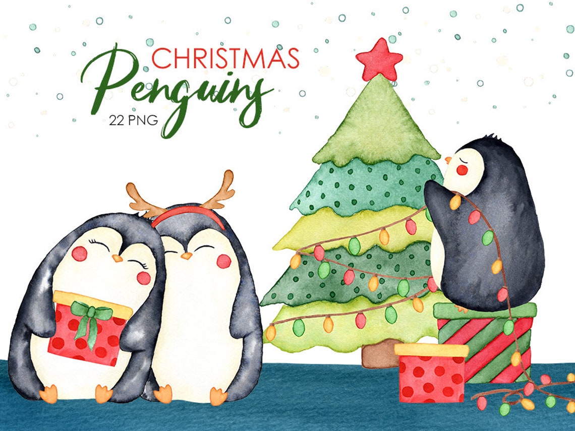 Christmas Clipart Watercolor Penguin Cute Christmas Clipart - Etsy