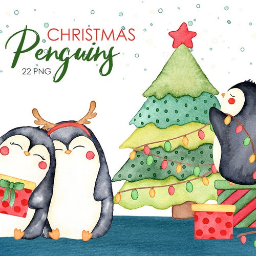 Christmas Clipart Watercolor Penguin Cute Christmas Clipart - Etsy