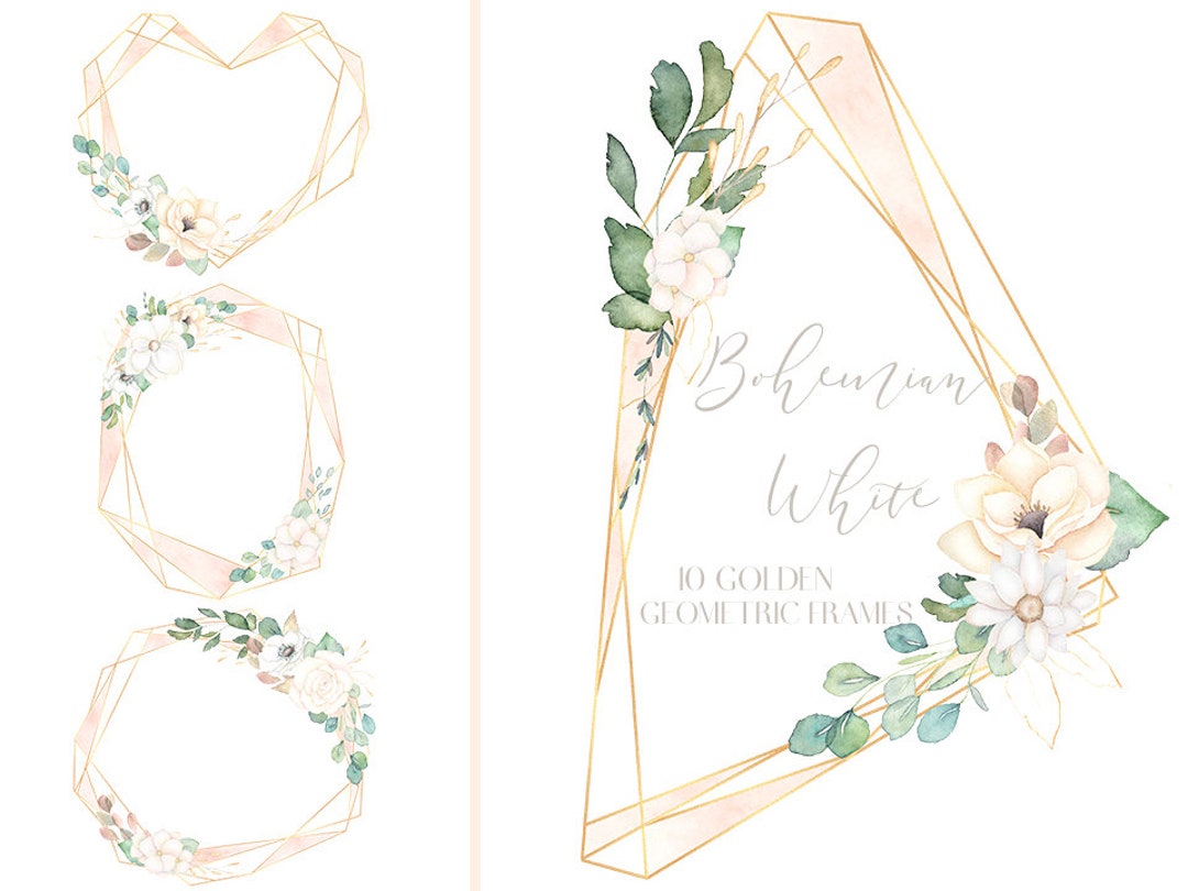 Gold Geometric Frames, Watercolor Clipart, White Florals, Eucalyptus ...