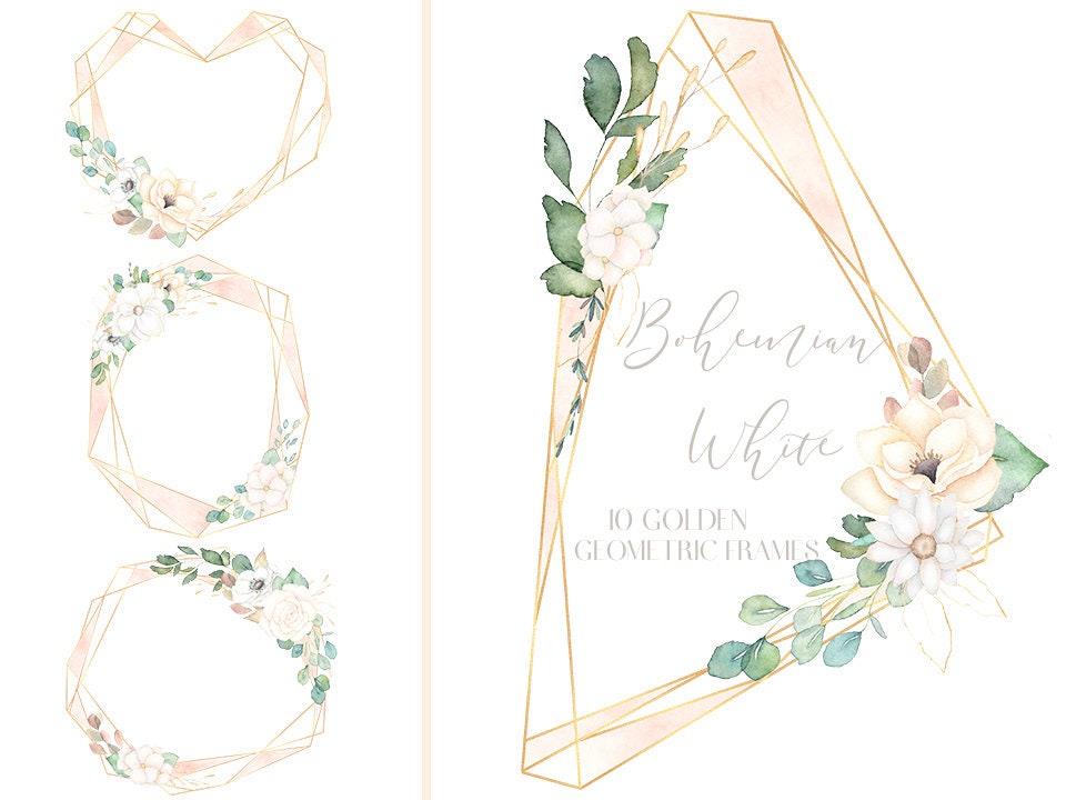 Gold Geometric Frames Watercolor Clipart White Florals - Etsy