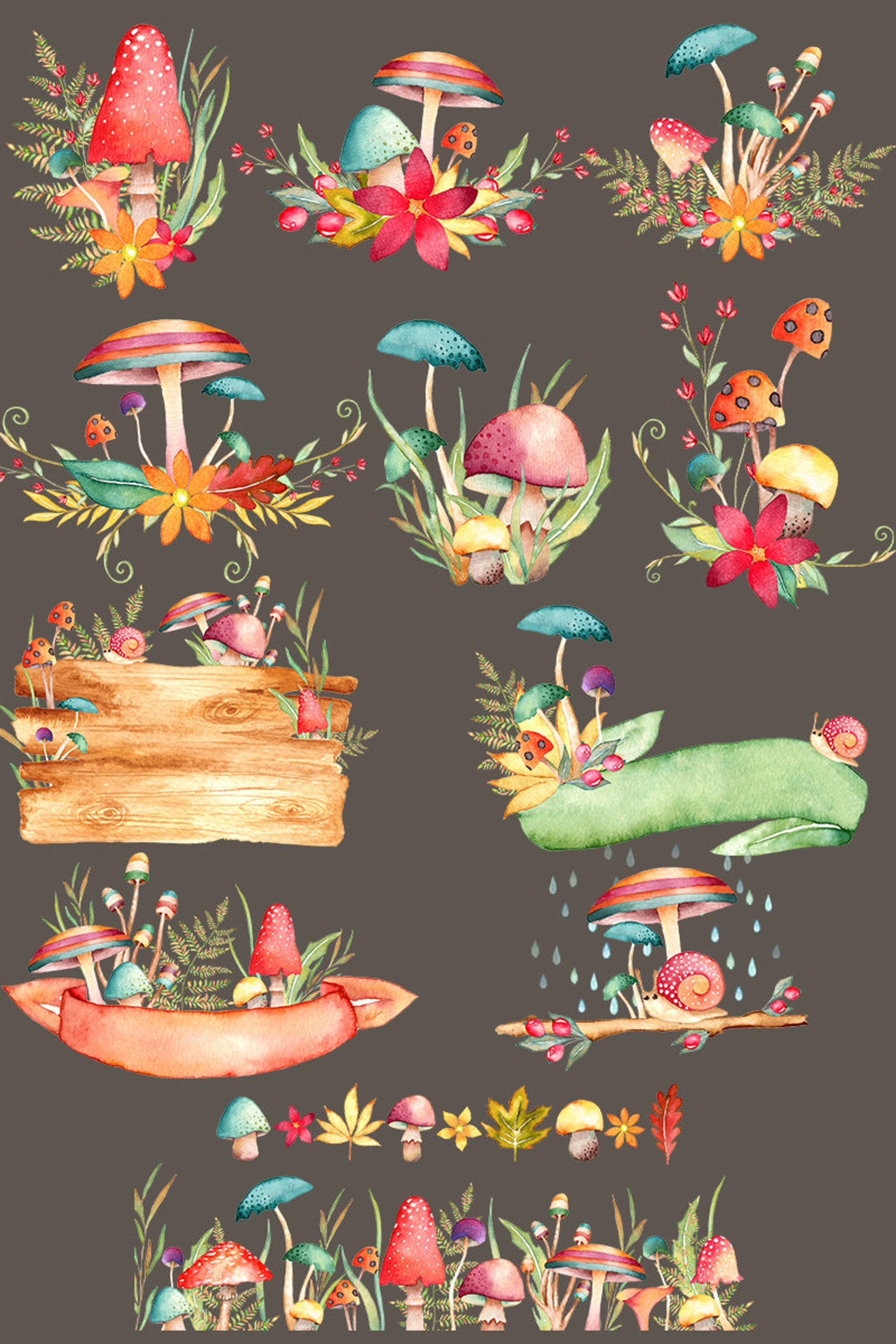 Mushroom Clipart Watercolor Clipart Fall Png Autumn | Etsy