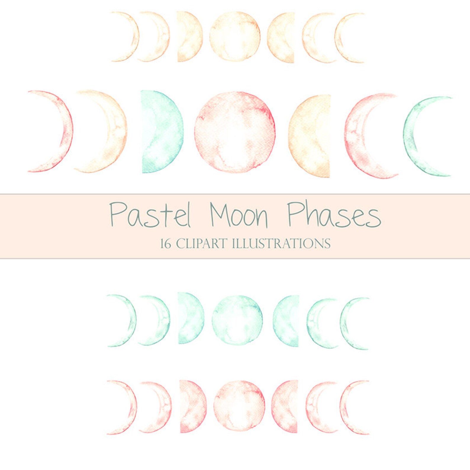 Watercolor Moon Phases Nursery Clipart Full Moon Clipart | Etsy