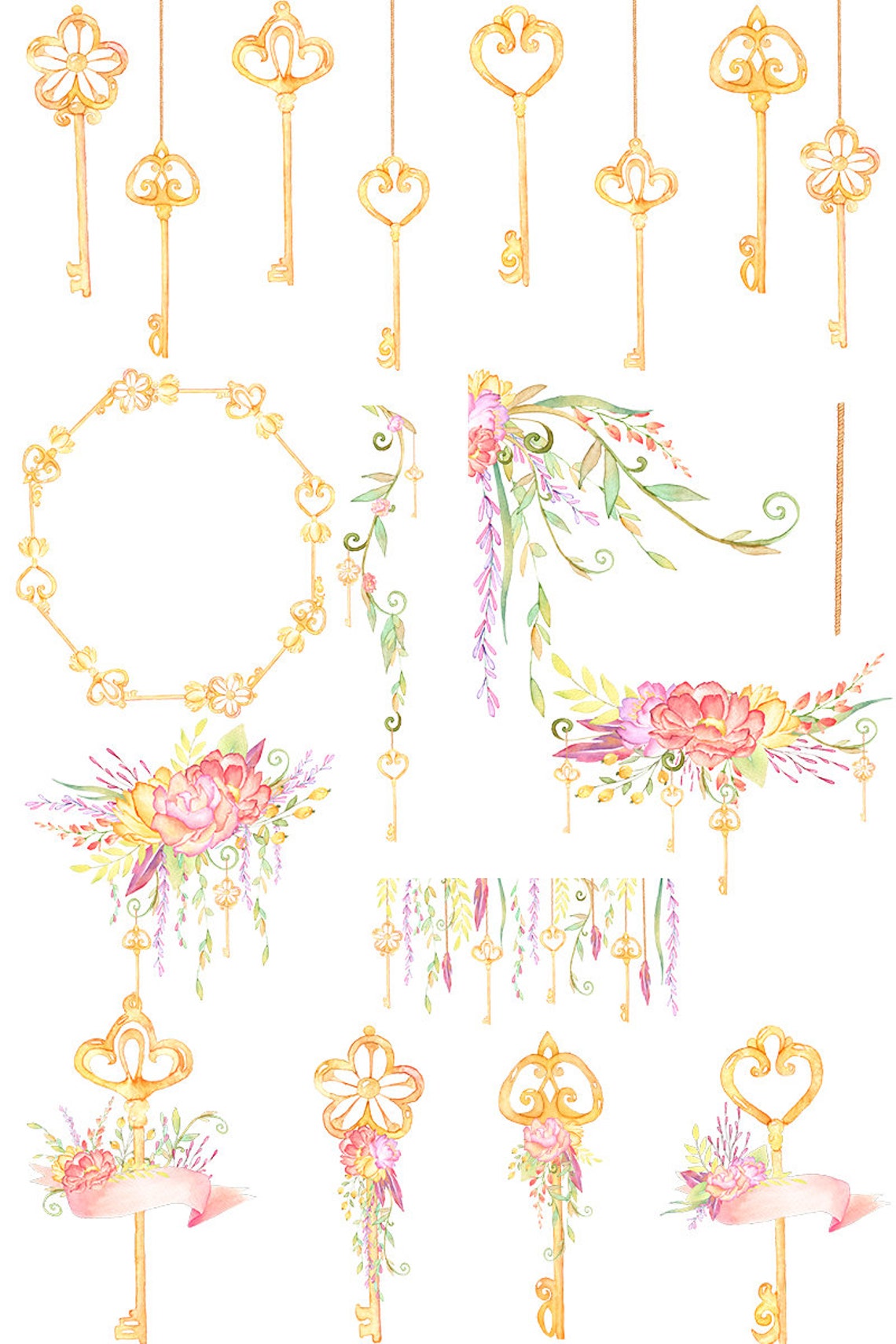 Watercolor keys keys and flowers clipart hand painted | Etsy