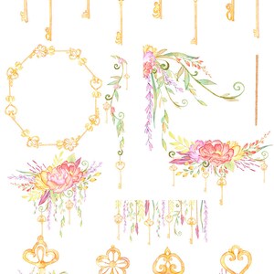 Watercolor Keys, Keys and Flowers Clipart, Hand Painted Flowers ...