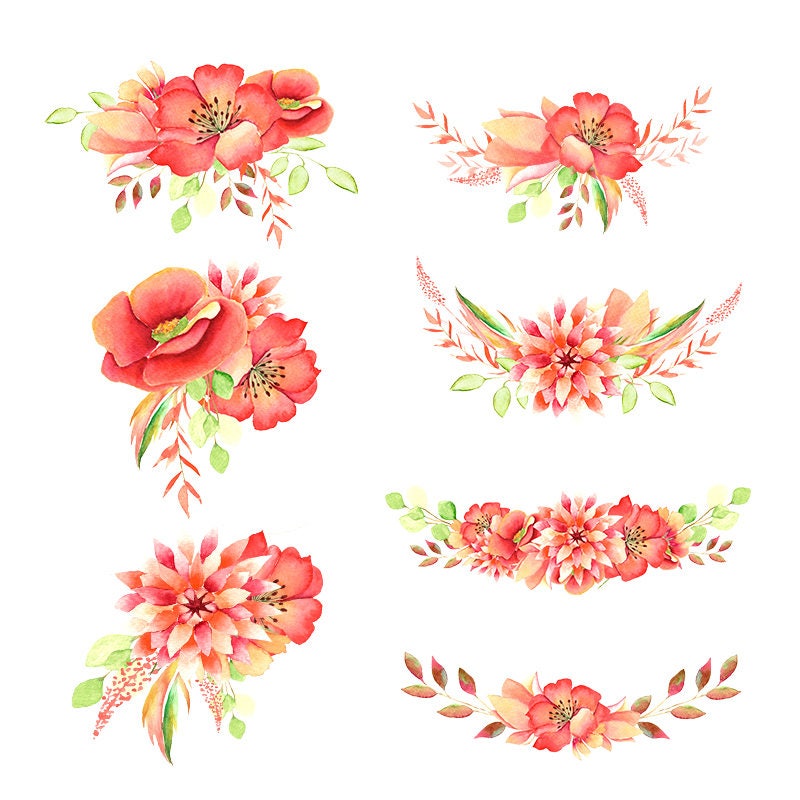 Coral red florals watercolor clipart dalia clipart summer | Etsy