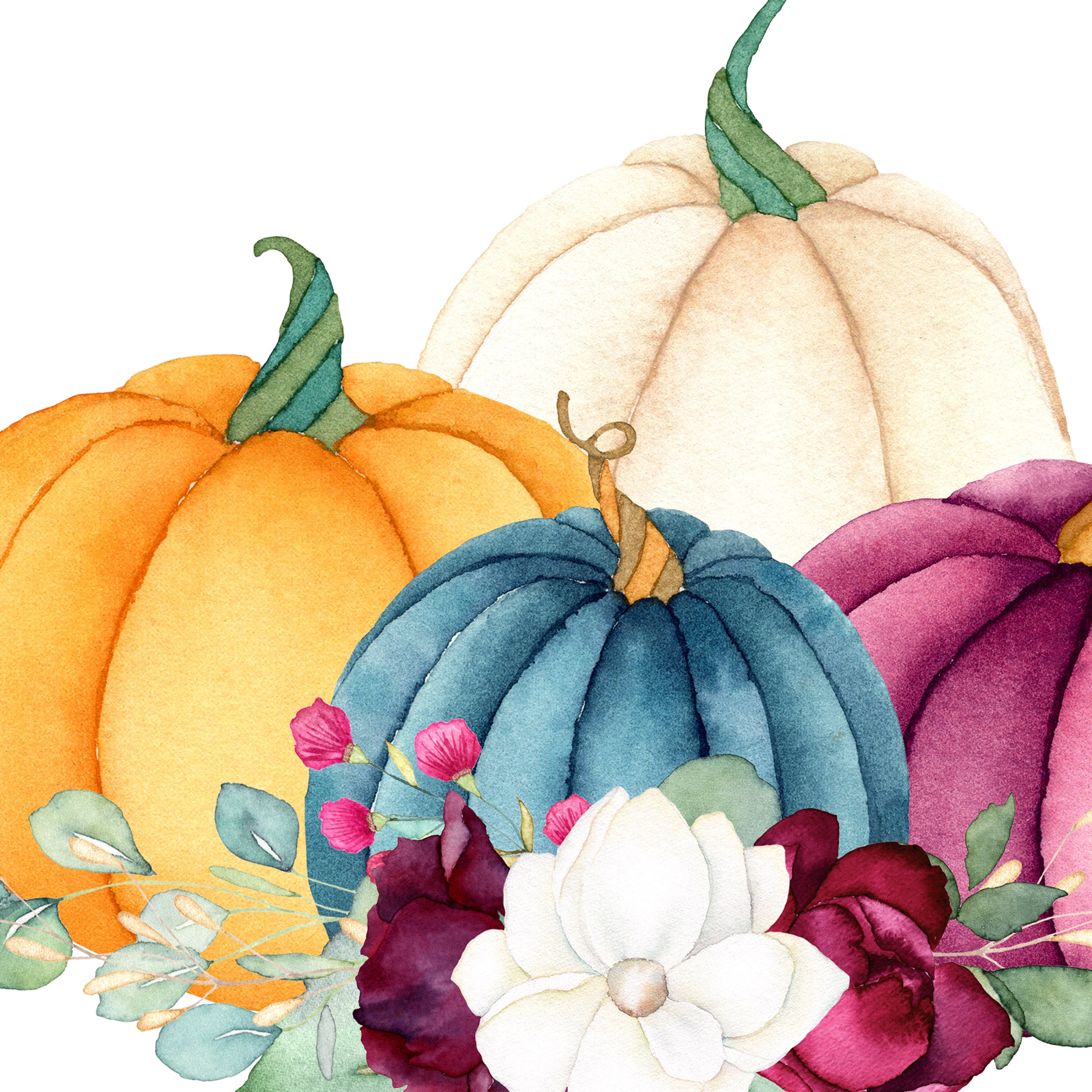 Watercolor Pumpkin Clipart Floral Pumpkins Burgundy Fall | Etsy