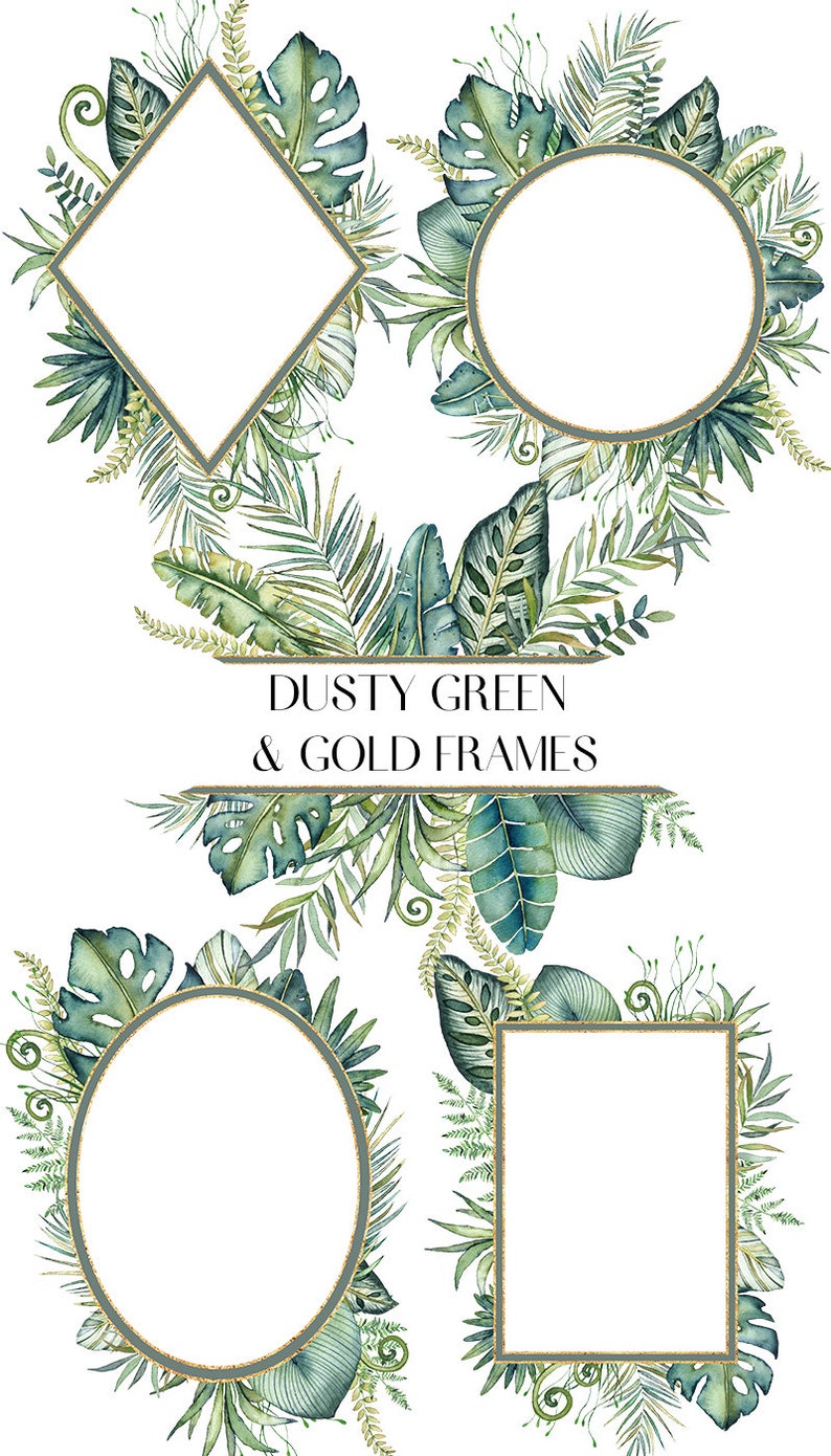 Greenery frames tropical frames watercolor clipart hand | Etsy