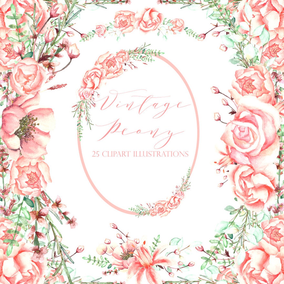 Vintage Wedding Clipart, Watercolor Vintage Flowers, Soft Pink Peonies ...