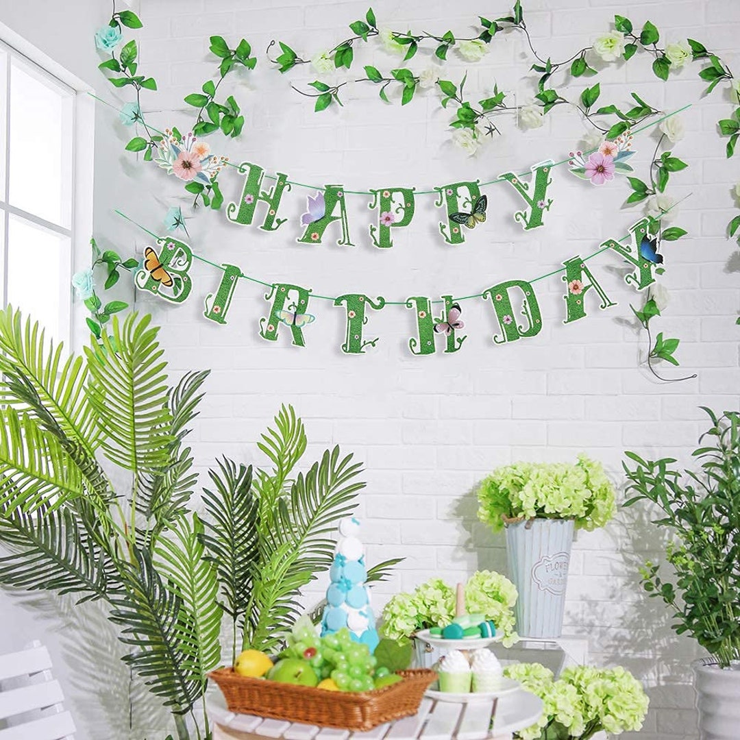 Spring Happy Birthday Banner Green Spring Butterfly Flowers Banner ...