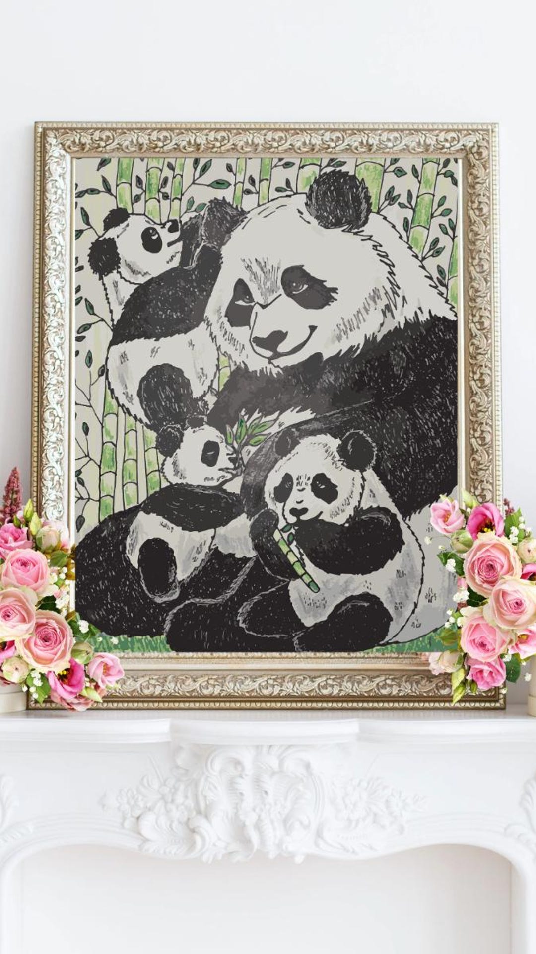 Hand Drawn Pandas With Mom, Digital Downloadable Wall Art, Trendy Decor ...