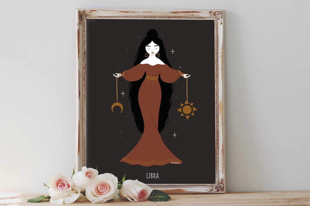 Art Poster Print Libra Zodiac Sign Astrology Floral Sun Moon Divine ...