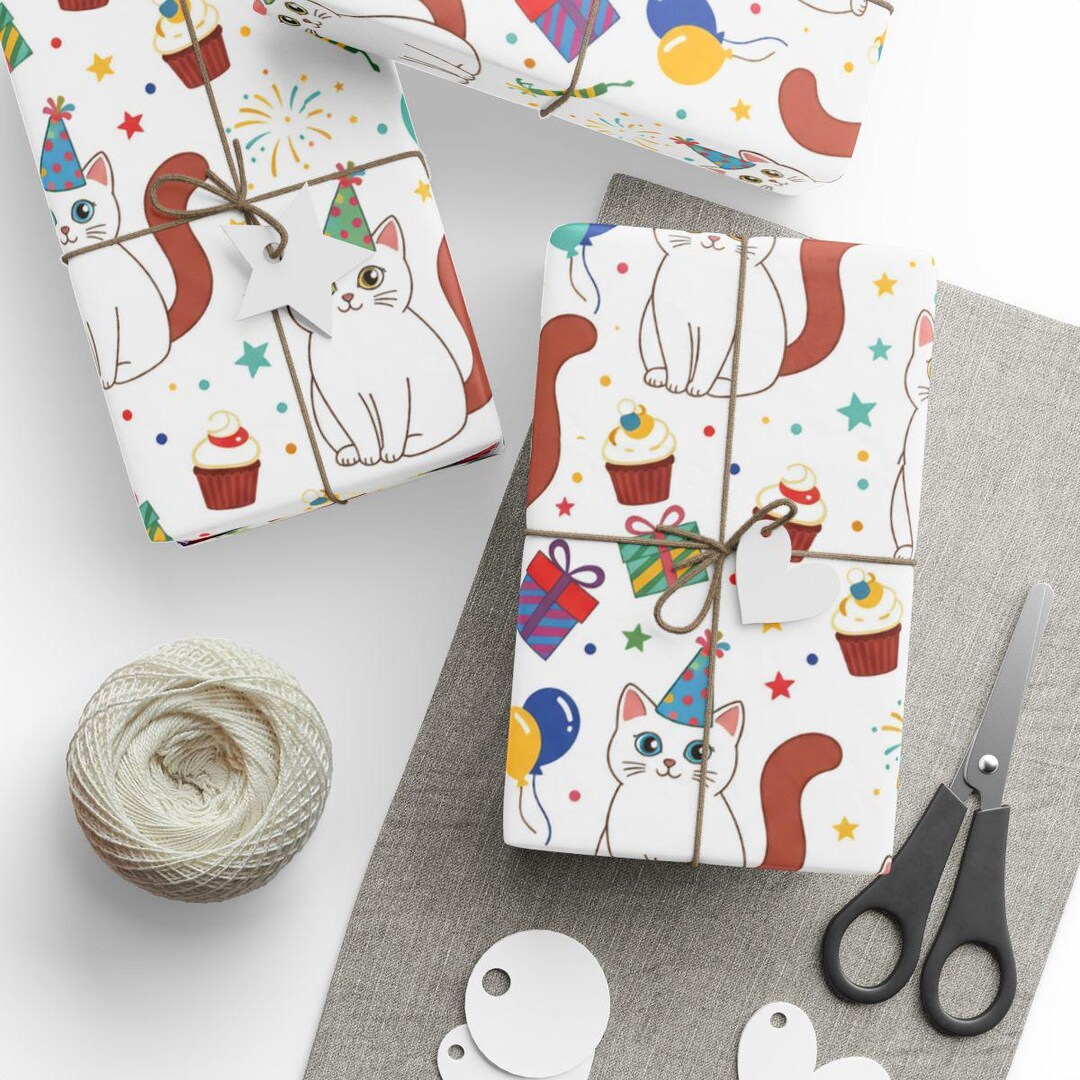 Birthday Cat Wrapping Paper, Party Animal Gift Wrap, Cute Kitten ...