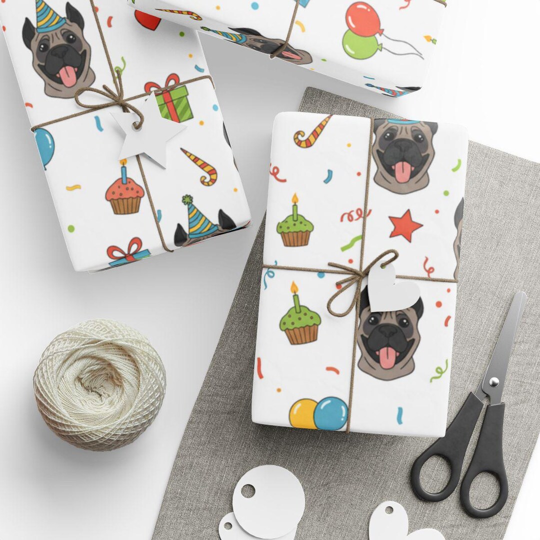 Party Pug Wrapping Paper, Birthday Dog Gift Wrap, Celebration Wrapping ...